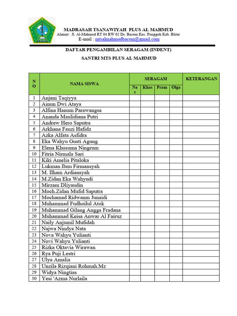 Ceklist Seragam Indent | PDF