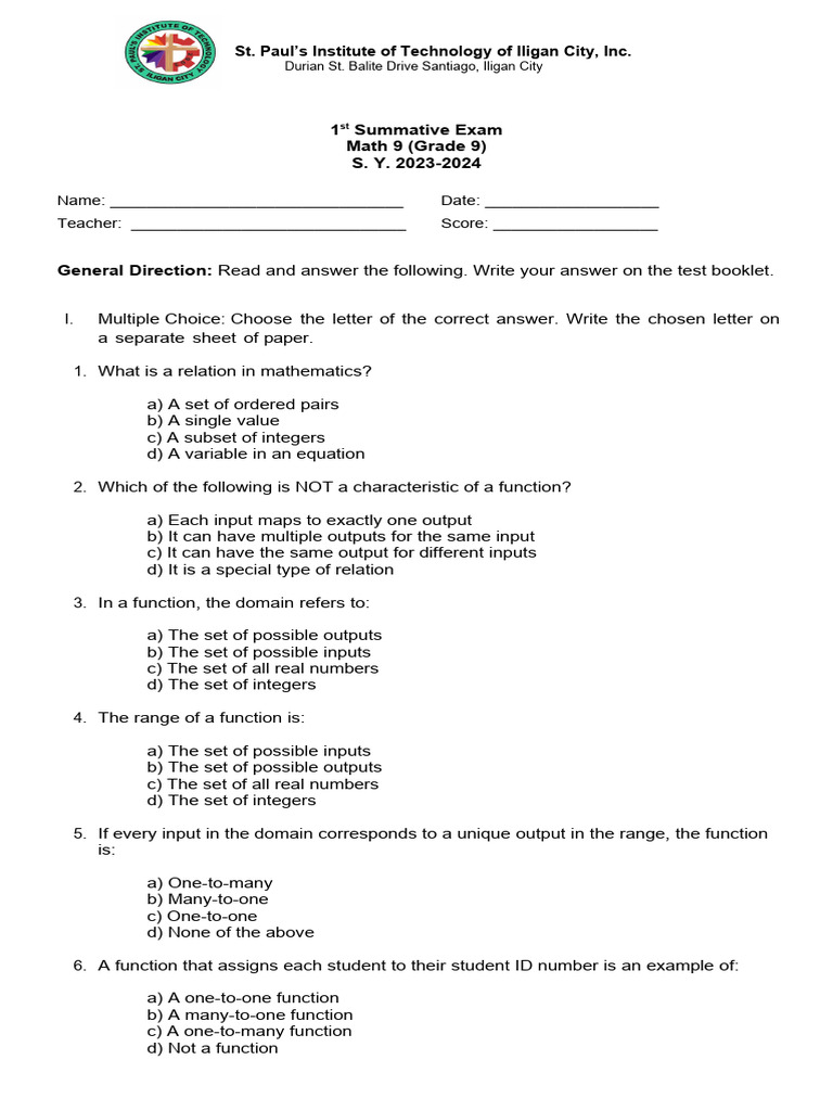 Math 9 Diagnostic Test | PDF | Function (Mathematics) | Logic