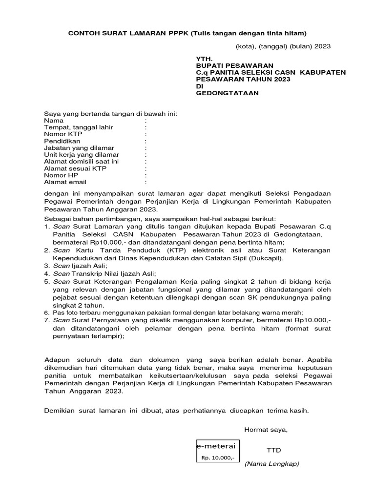 Contoh Surat Lamaran PPPK 2023 | PDF