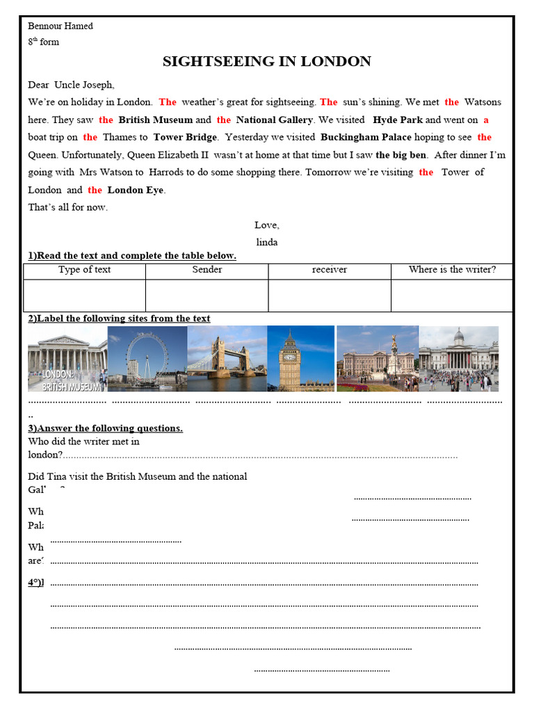 Sightseeing in London Reading Comprehension Exercises 101594 | PDF | London