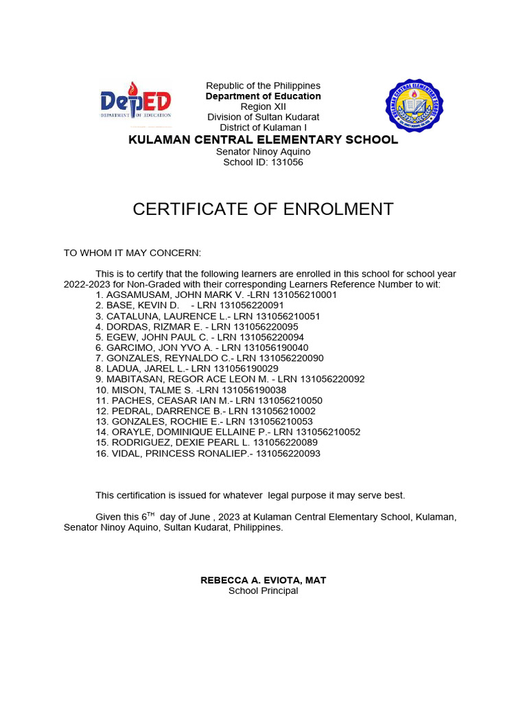 Enrolment Certificate Pdf Philippines