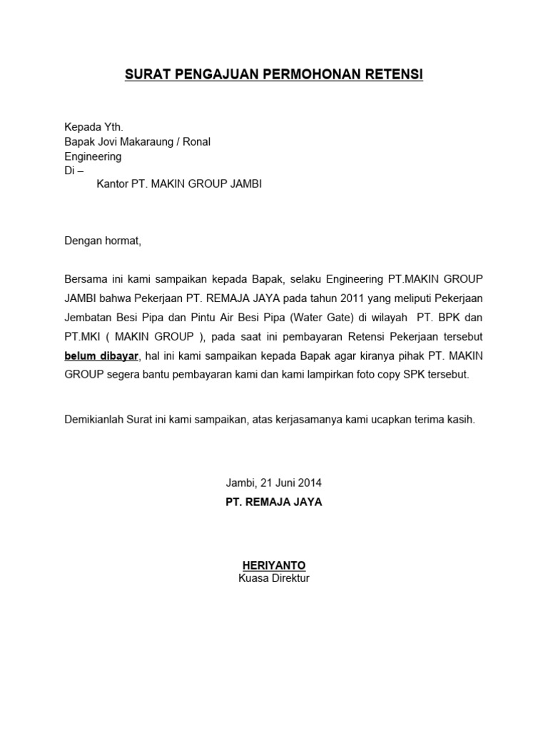 Surat Pengajuan Permohonan Retensi Heriyanto | PDF