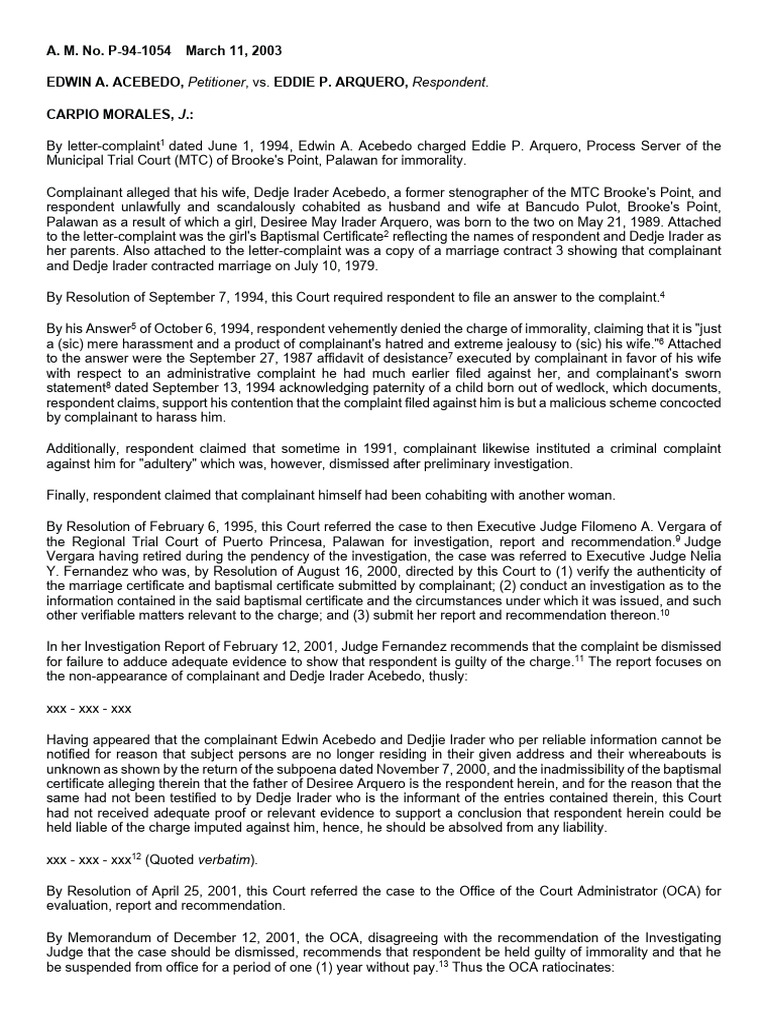 Acebedo vs. Arquero: Immorality Case | PDF | Baptism | Complaint
