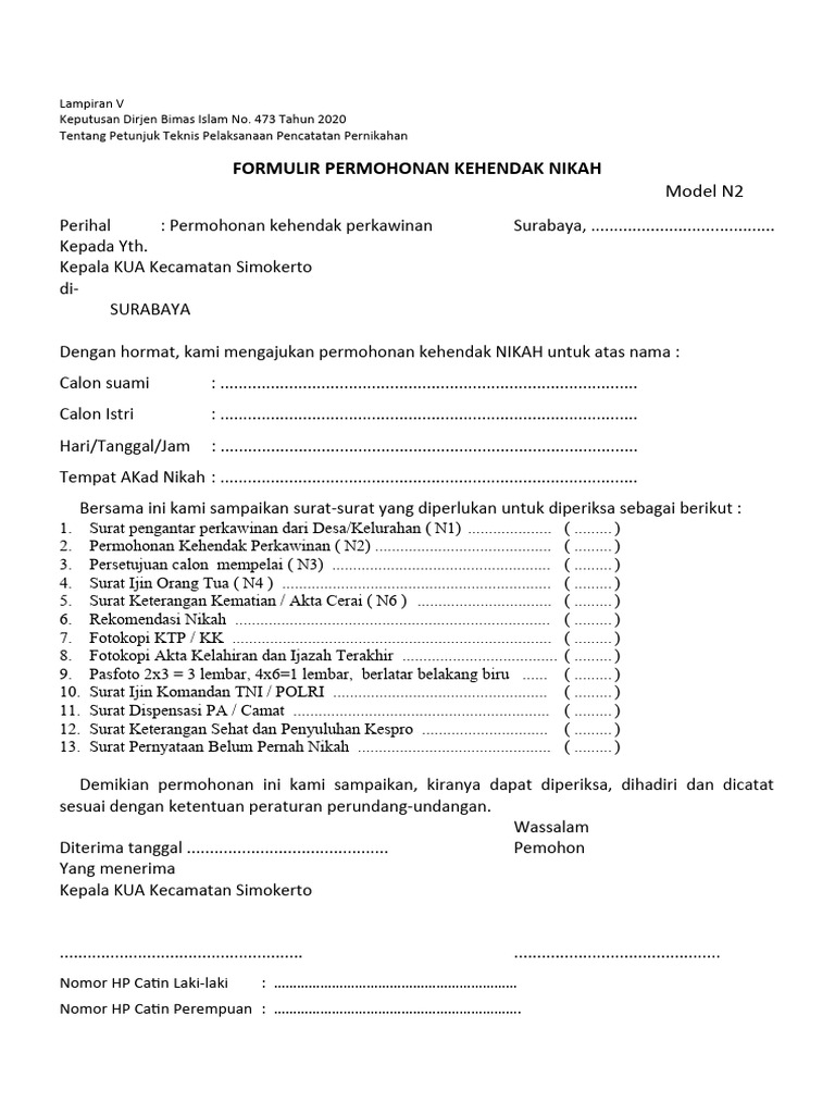 Formulir Permohonan Kehendak Nikah: Model N2 | PDF
