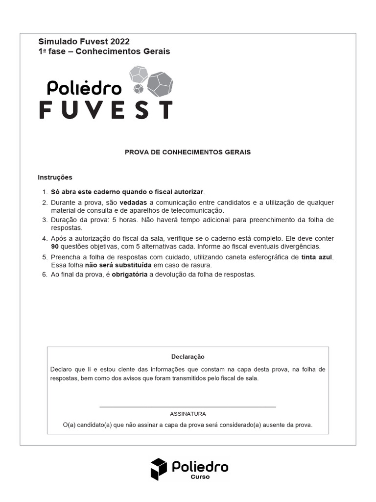 Simulado Fuvest - 1ª Fase - 03set | PDF | Círculo | Livros