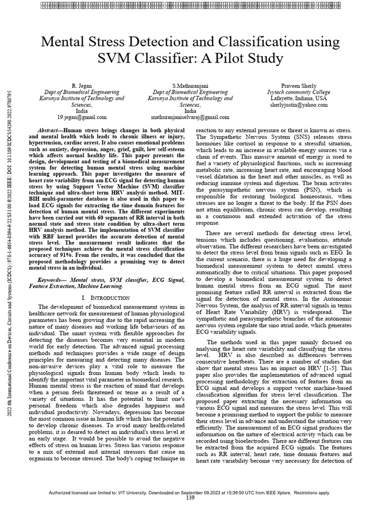 Mental Stress Detection and Classification Using SVM Classifier A Pilot Study | PDF ...