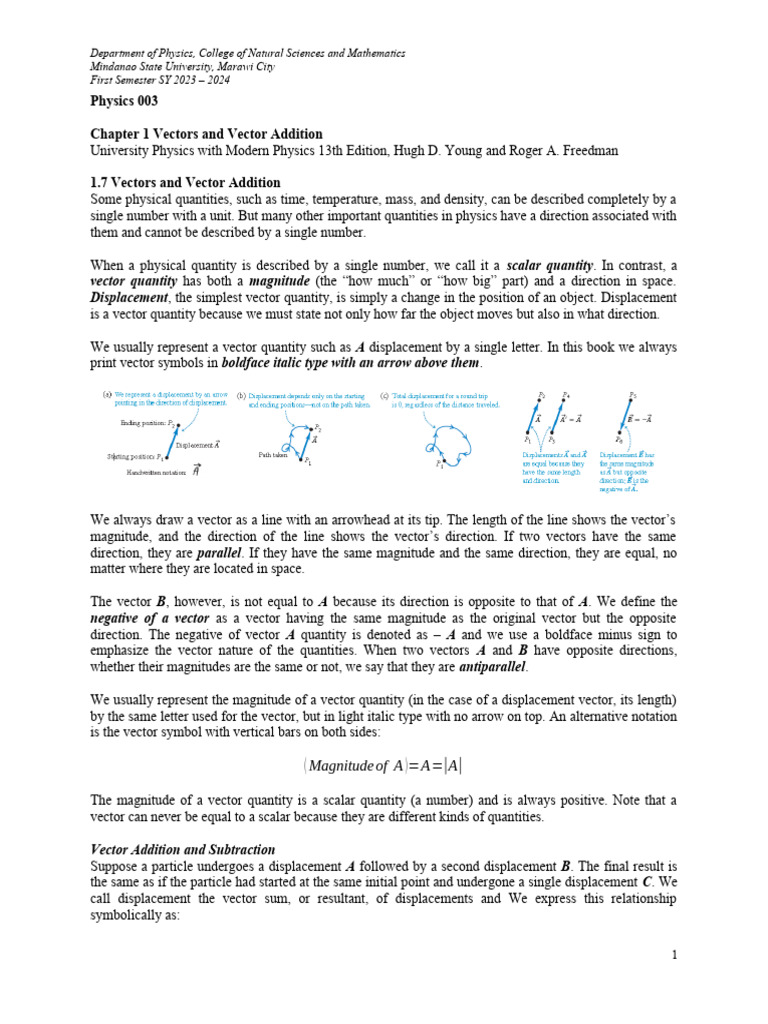 Physics 003 Chapter 1 Vectors and Vector Addition | PDF | Euclidean Vector | Quantity
