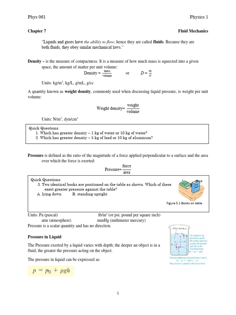 Phy 061 Chapter 7 Fluid Mechanics | PDF | Pressure | Buoyancy