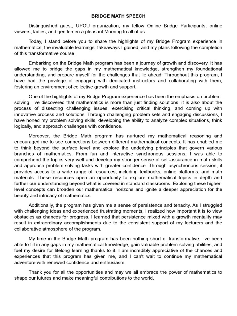 Bridge Math Speech | PDF | Mathematics | Education Theory