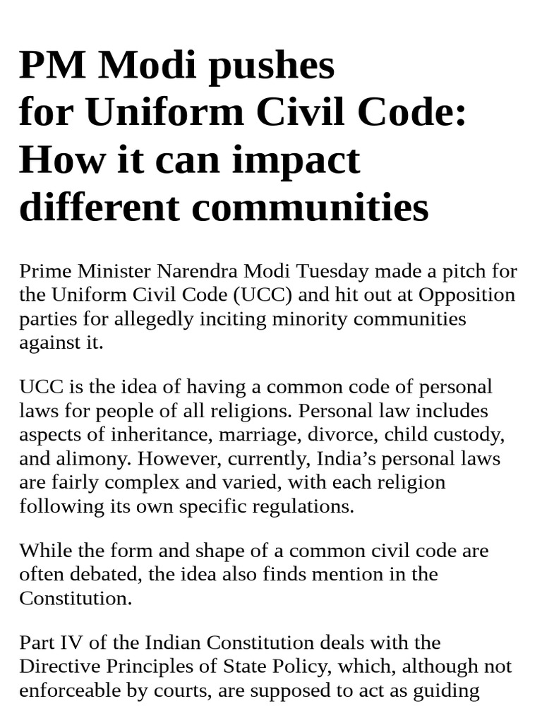 PM Modi Pushes For Uniform Civil Code How It Can Impact Differe | PDF ...