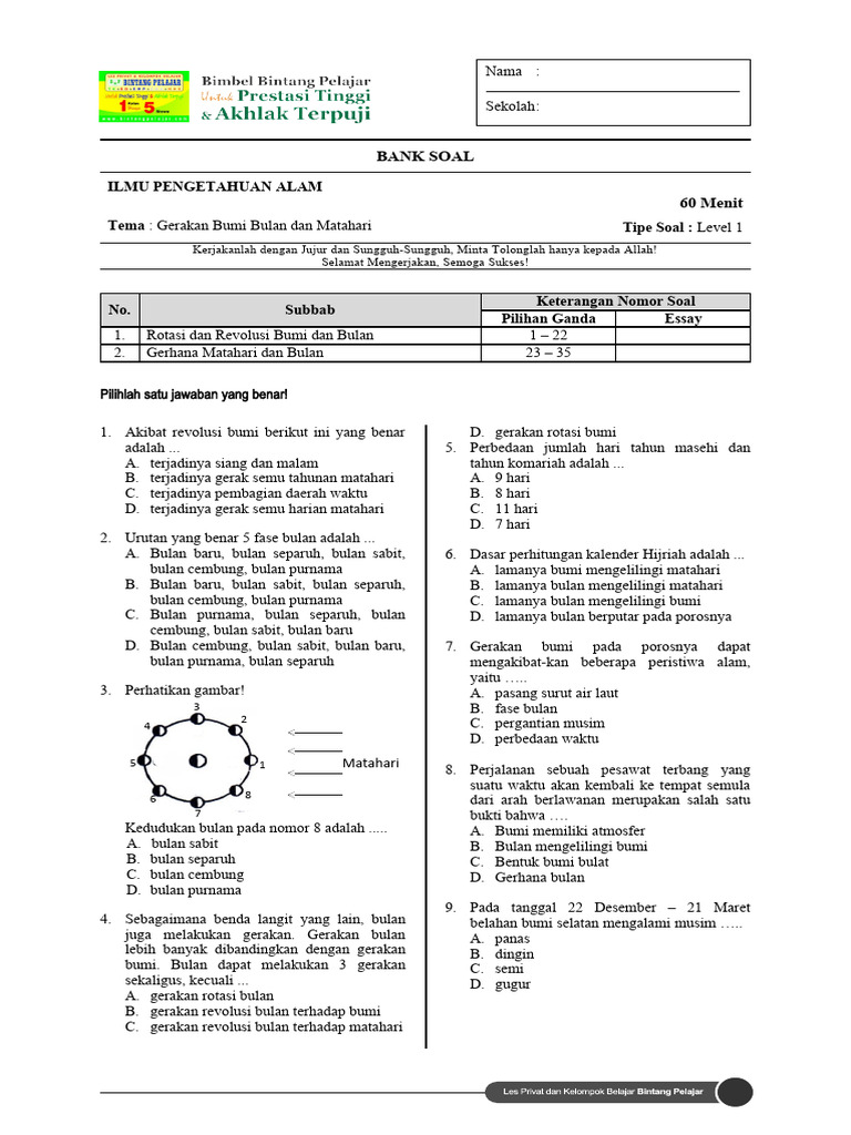 Bank Soal IPA 6D Tema Gerakan Bumi Bulan Dan Matahari (Level 1) | PDF