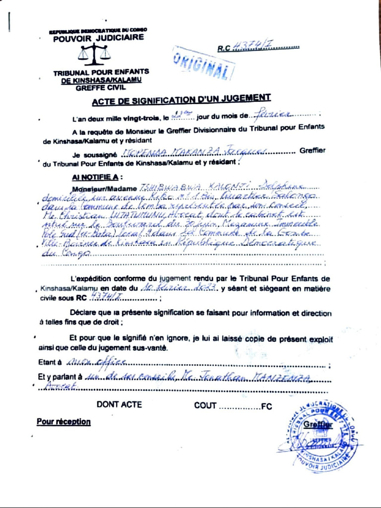 Acte de Signification d'un Jugement Civil | PDF | Greffier | Justice