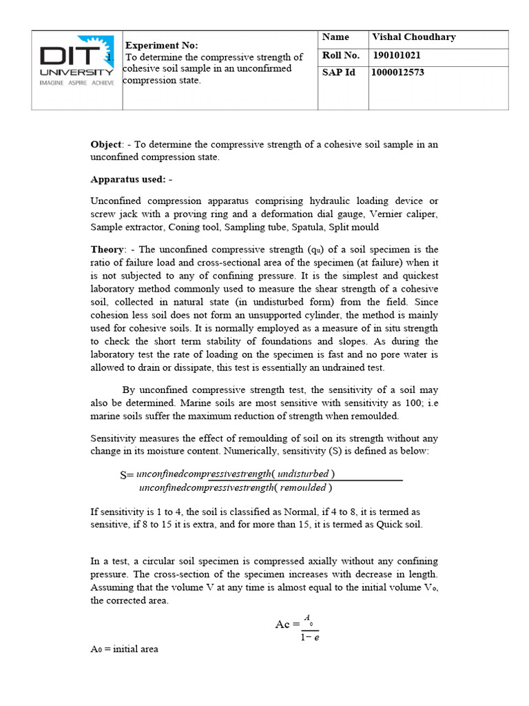 UCS Test of Soil by Vishal Choudhary | PDF | Physical Sciences | Materials