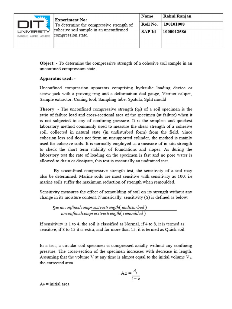 UCS Test of Soil by Rahul Ranjan | PDF | Applied And Interdisciplinary ...