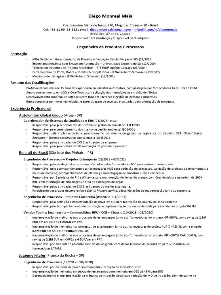 Diego Monreal Maia - Eng Prod | PDF | Engenharia | Business