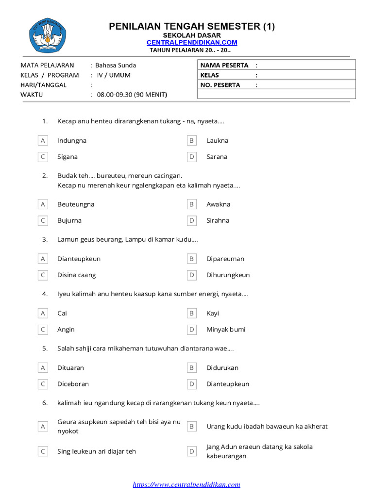 PTS Bahasa Sunda Kelas 4 SEM 1 #2 | PDF