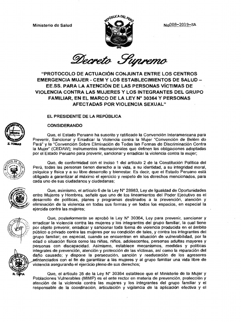 DS-2019-008-SA Protocolo de Actuación Conjunta Entre Los CEM y EE. SS. en El Marco de La Ley ...