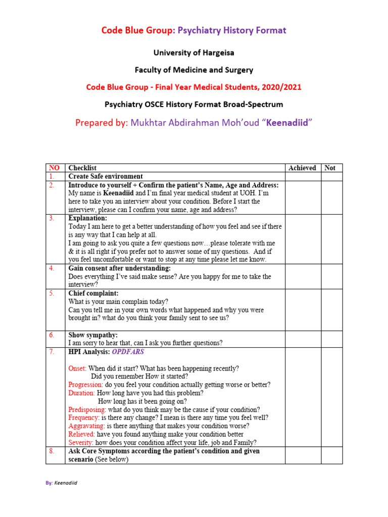 Code Blue Group-Psychiatry History Format | PDF | Obsessive–Compulsive ...