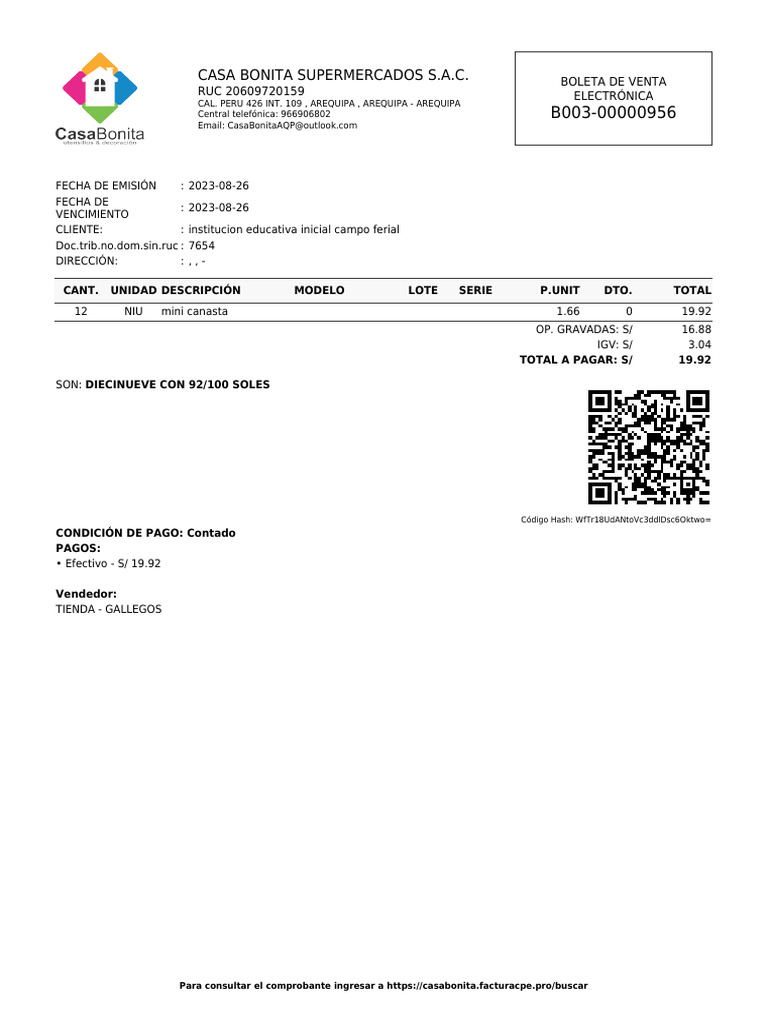 Casa Bonita Supermercados S.A.C.: RUC 20609720159 Boleta de Venta ...