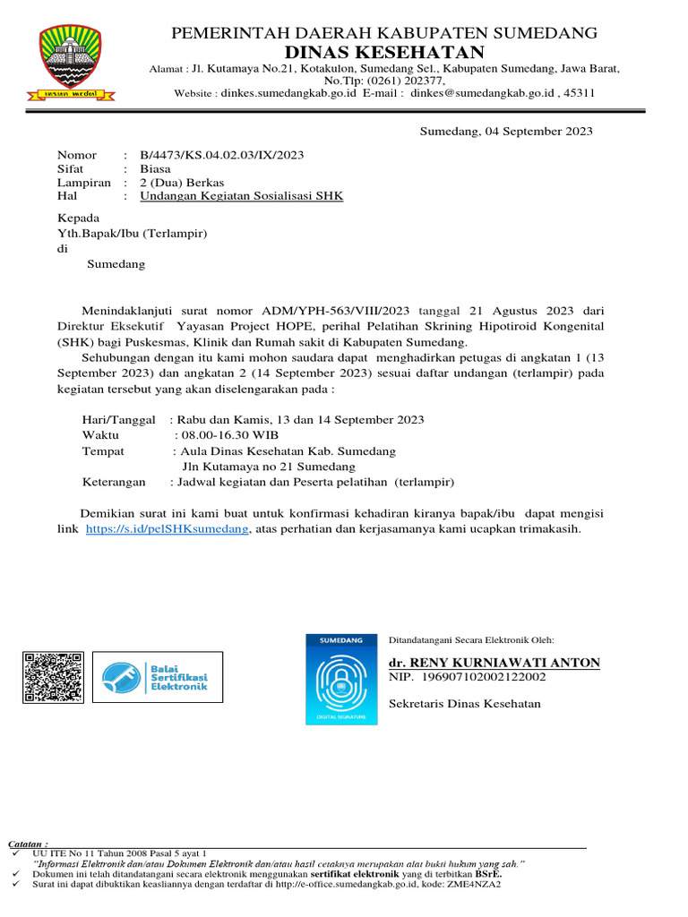 surat Sosialisasi SHK Hope | PDF