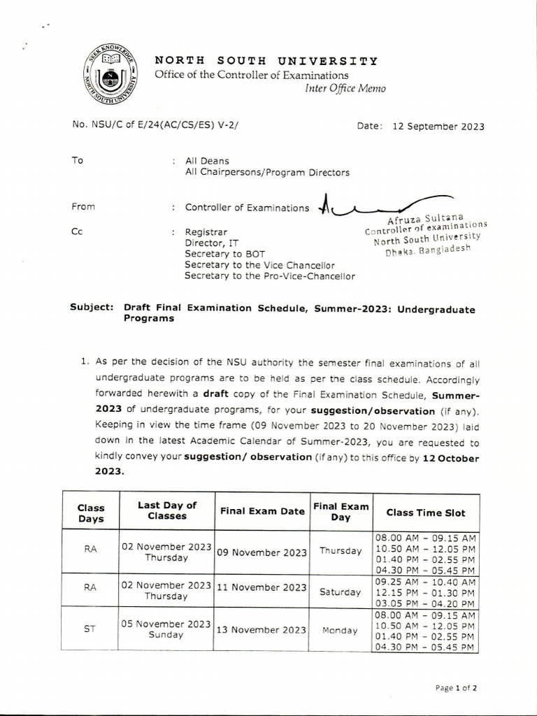 Tentative Final Exam Schedule - Summer 2023 | PDF