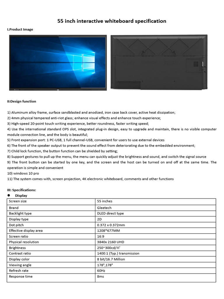 55inch Digital Smart Board Specs | PDF | Touchscreen | Display Technology