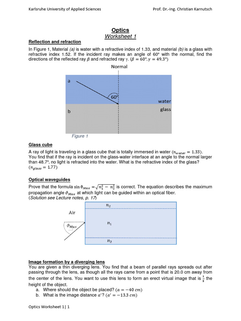 Worksheet 1 - Optics 1 | PDF