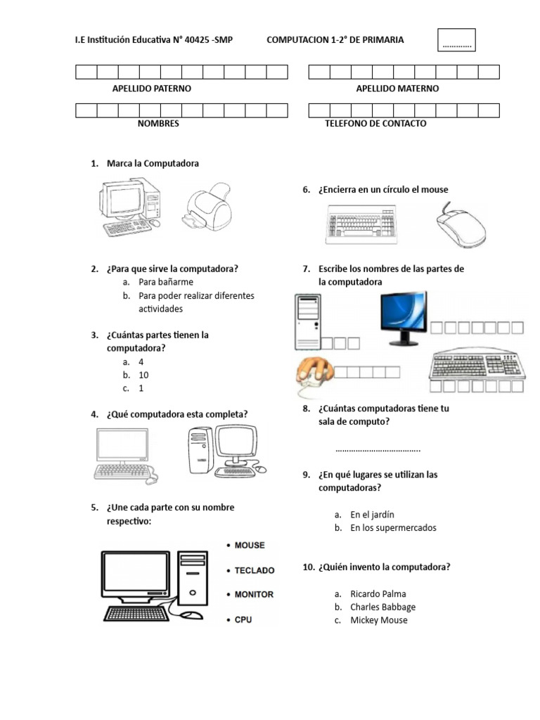 Examen-De-Informatica-Basica 1 A 2 Primaria | PDF Examen-De-Informatica-Basica 1 A 2 Primaria | PDF