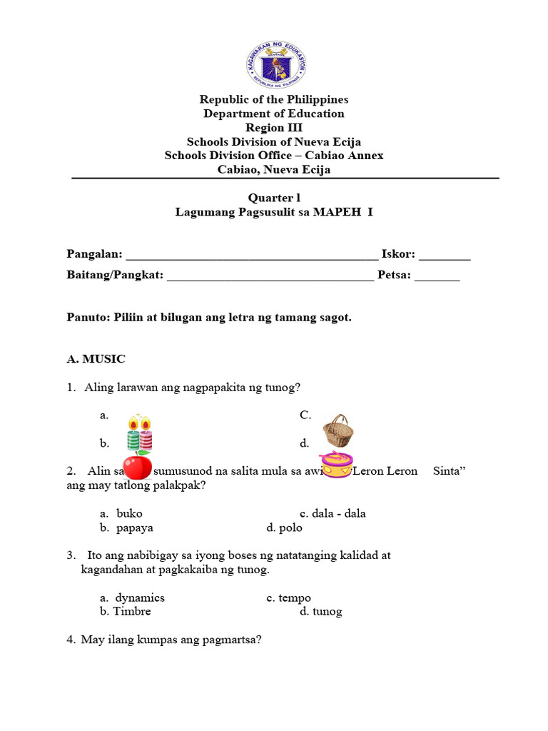 Unified Test in MAPEH Grade 1 | PDF