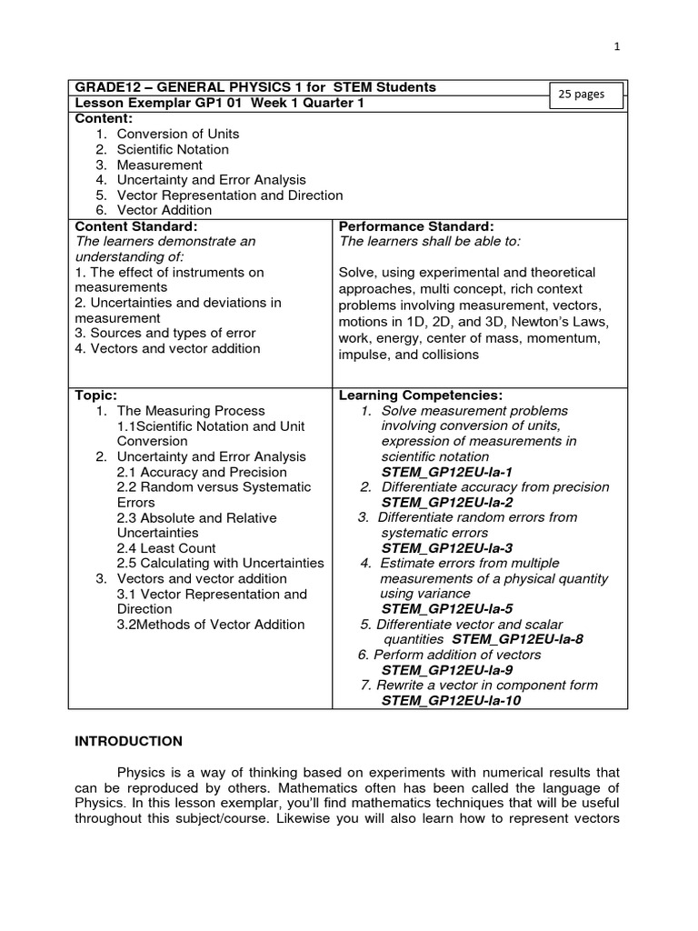 Exemplar Physics Week 1 Students | PDF | Euclidean Vector | Accuracy And Precision