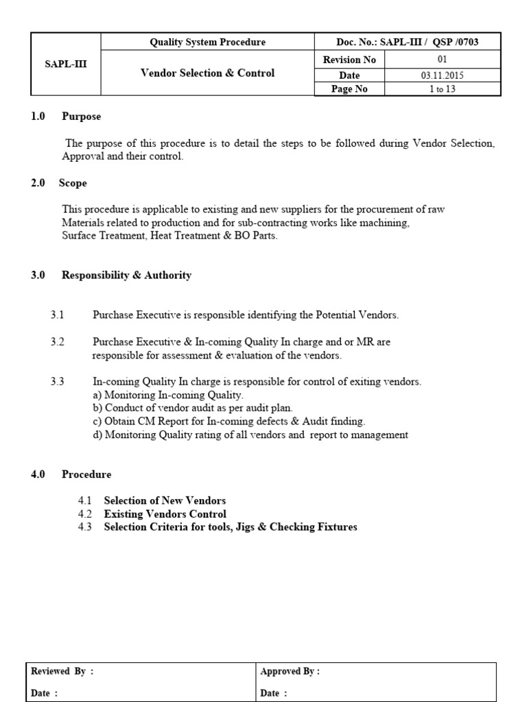 0703 Vendor Selection & Control | PDF | Audit | Quality Management System