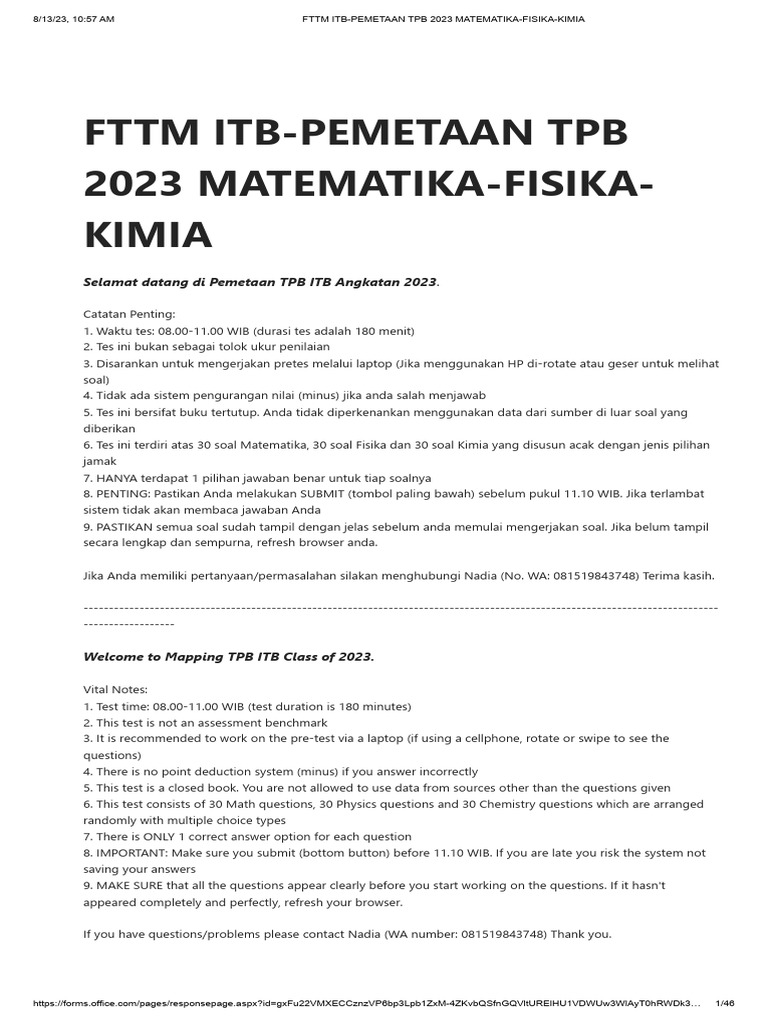 FTTM Itb-Pemetaan TPB 2023 Matematika-Fisika-Kimia | PDF
