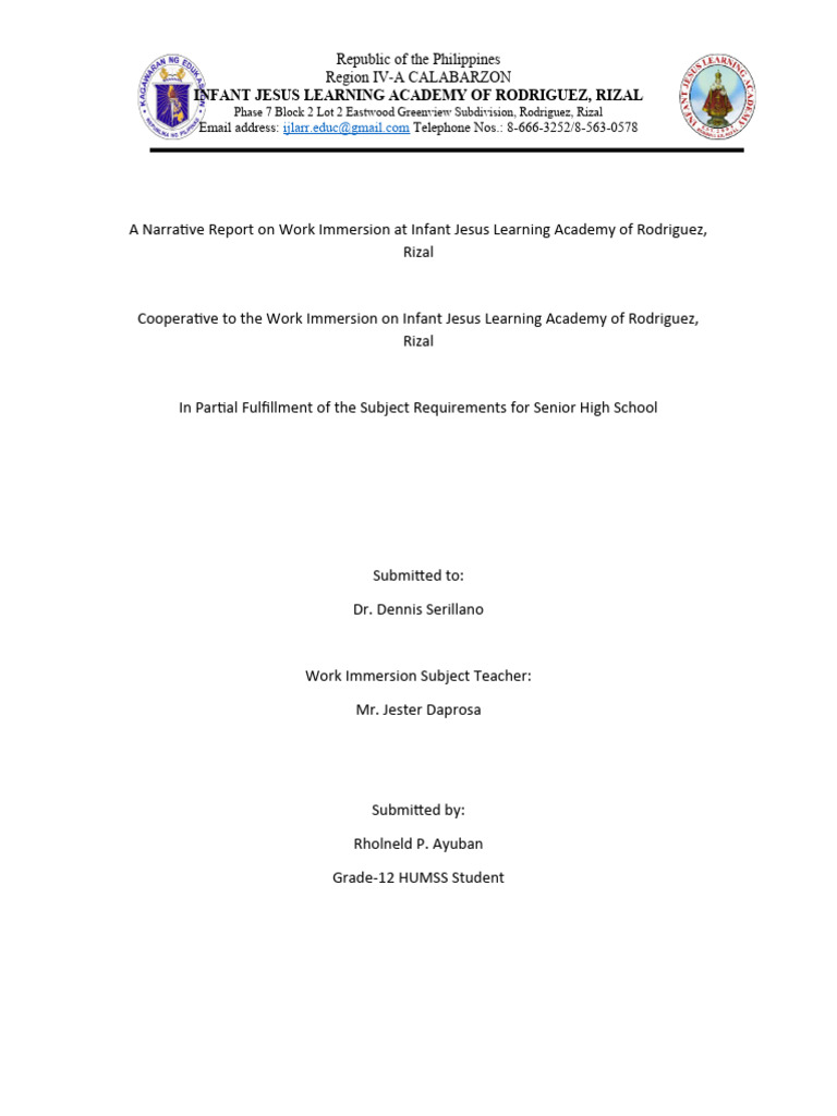 Work Immersion Report: Infant Jesus Academy | PDF | Behavior ...