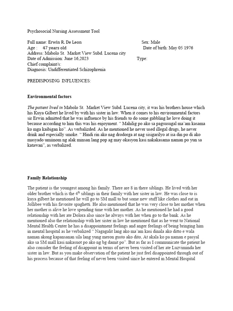 Psychosocial Nursing Assessment Tool | PDF | Psychology | Cognition