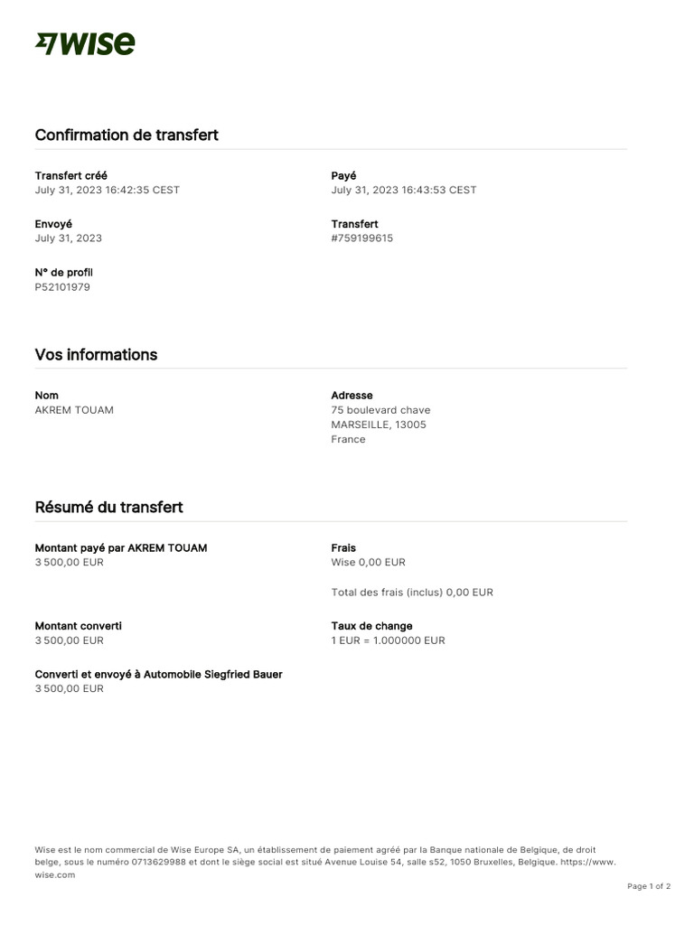 Wise Transaction Invoice Transfer 759199615 1457885626 FR | PDF ...