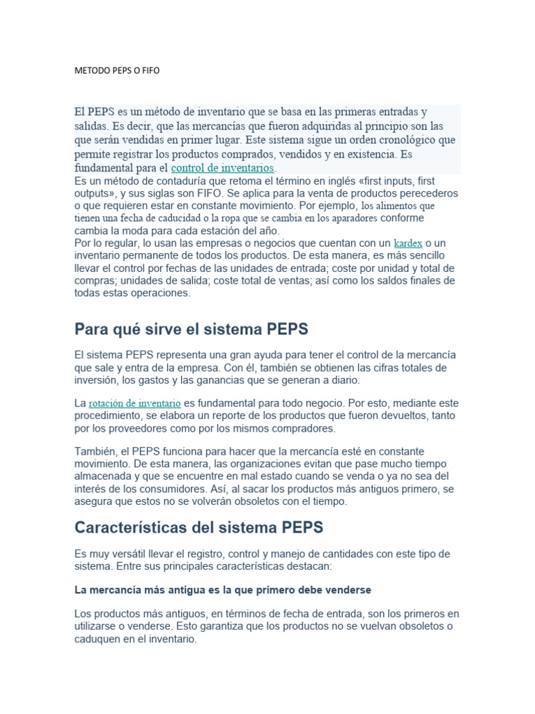 Metodo Peps o Fifo | Descargar gratis PDF | Inventario | Inflación