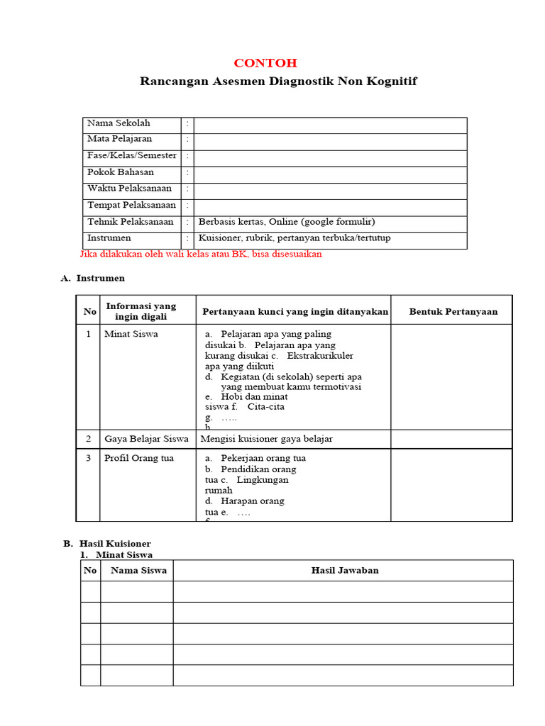 CONTOH RANCANGAN ASESMEN DIAGNOSTIK NON KOGNITIF | PDF