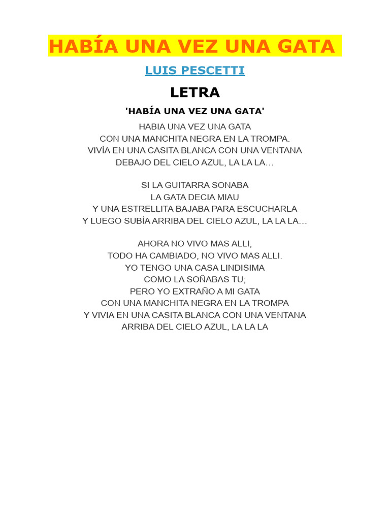 Canción Había Una Vez Una Gata | PDF