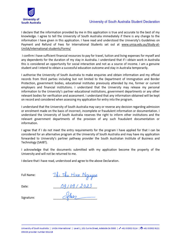 UniSA Declaration Form | PDF | Government