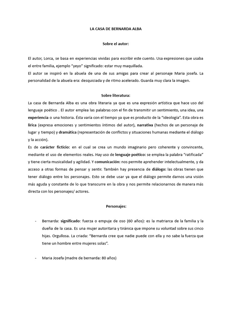 Análisis de "La Casa de Bernarda Alba" | PDF | Autor