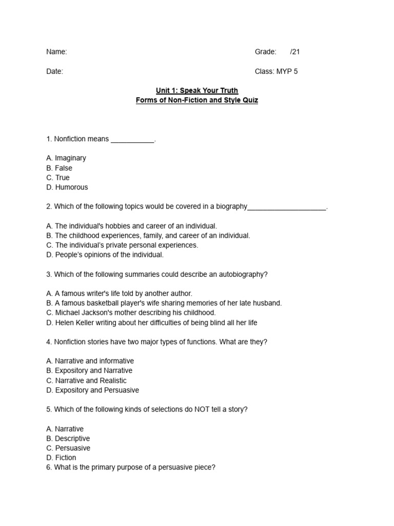 Nonfiction Writing Quiz Overview | PDF | Non Fiction | Human Communication