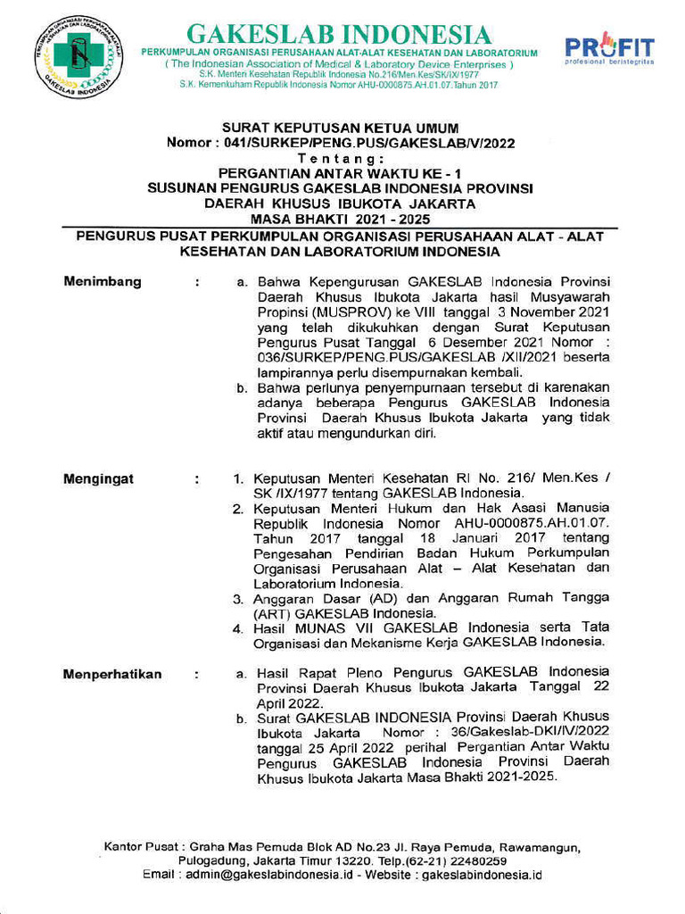 SK Pergantian Antar Waktu Ke 1 Gakeslab Indonesia Provinsi Dki Jakarta Masa Bhakti 2021 SD 2025 ...