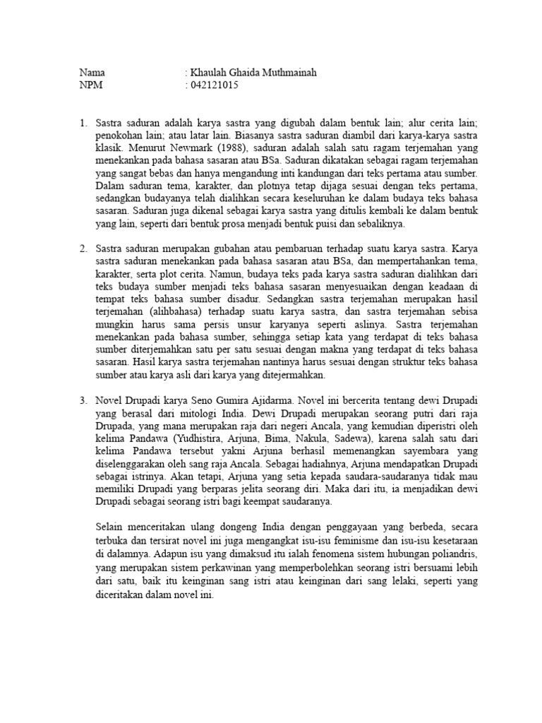 Sastra Saduran & Novel Drupadi | PDF | Puisi