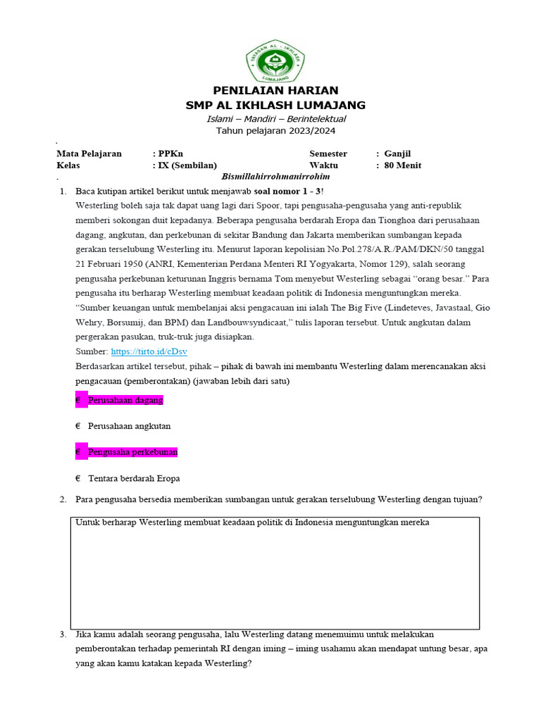 Soal PH 1 PPKN Kelas 9 | PDF