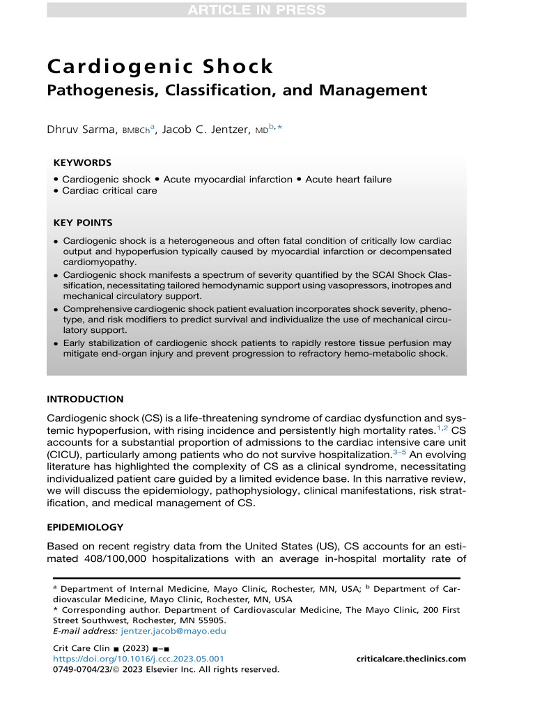 Cardiogenic Shock Pathogenesis, Classification, and Management | PDF ...