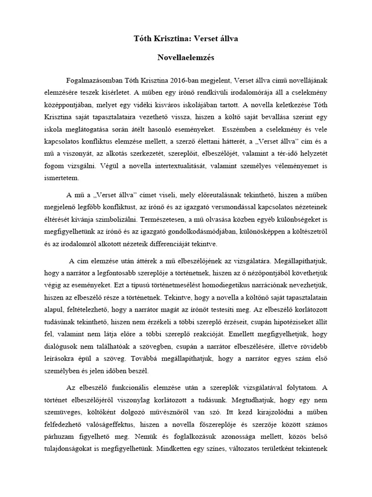 Bányai Eszter - Tóth Krisztina - Verset Álllva - Elemzés | PDF