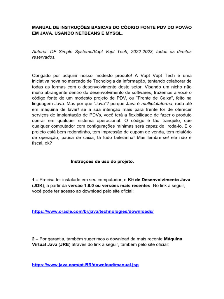 MANUAL DE INSTRUÇÕES BÁSICAS DO CÓDIGO FONTE PDV DO POVÃO EM JAVA | PDF ...