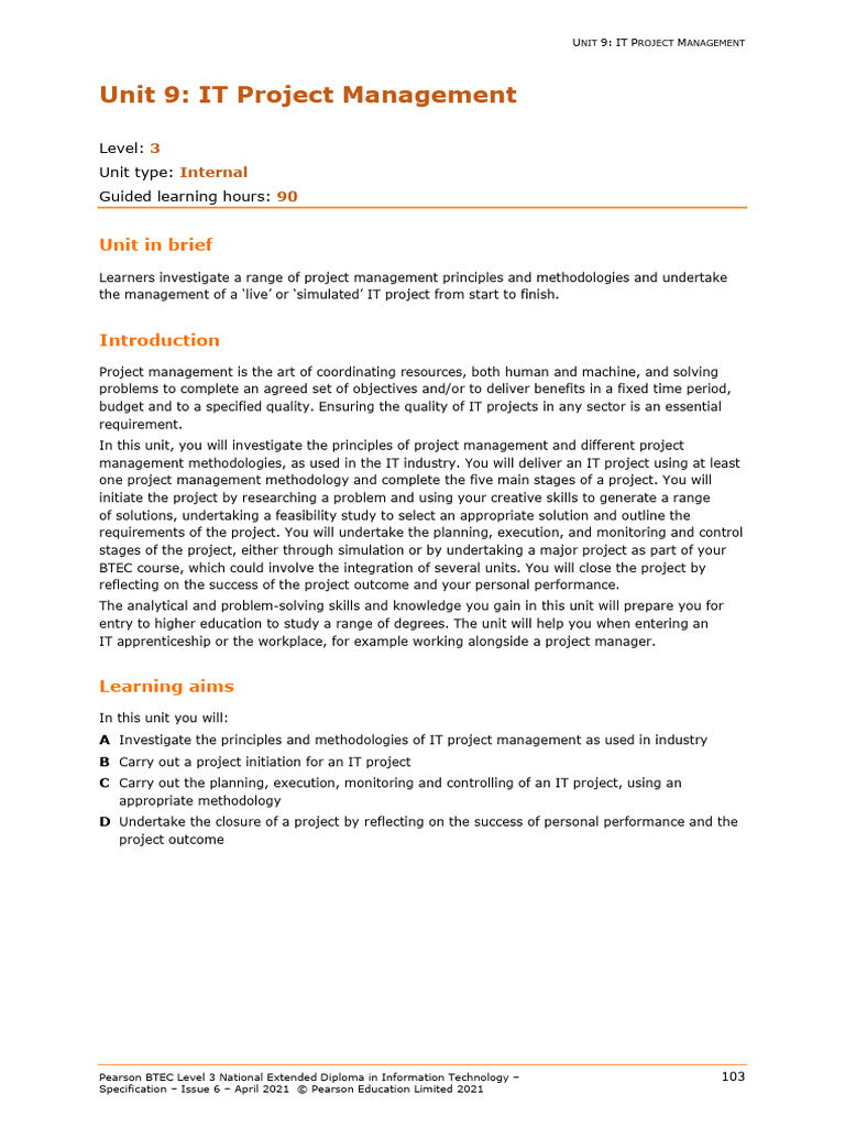 BTEC 2016 Specification_U09_IT Project Management | PDF | Software ...