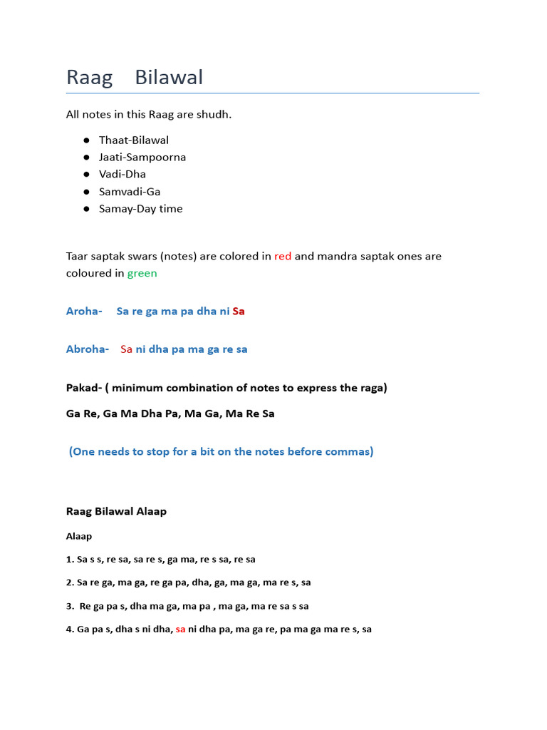 Raag Bilawal For First Class | PDF