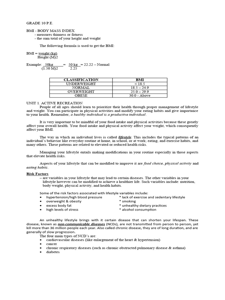 1st Q. HANDOUT IN P.E. | PDF | Body Mass Index | Obesity
